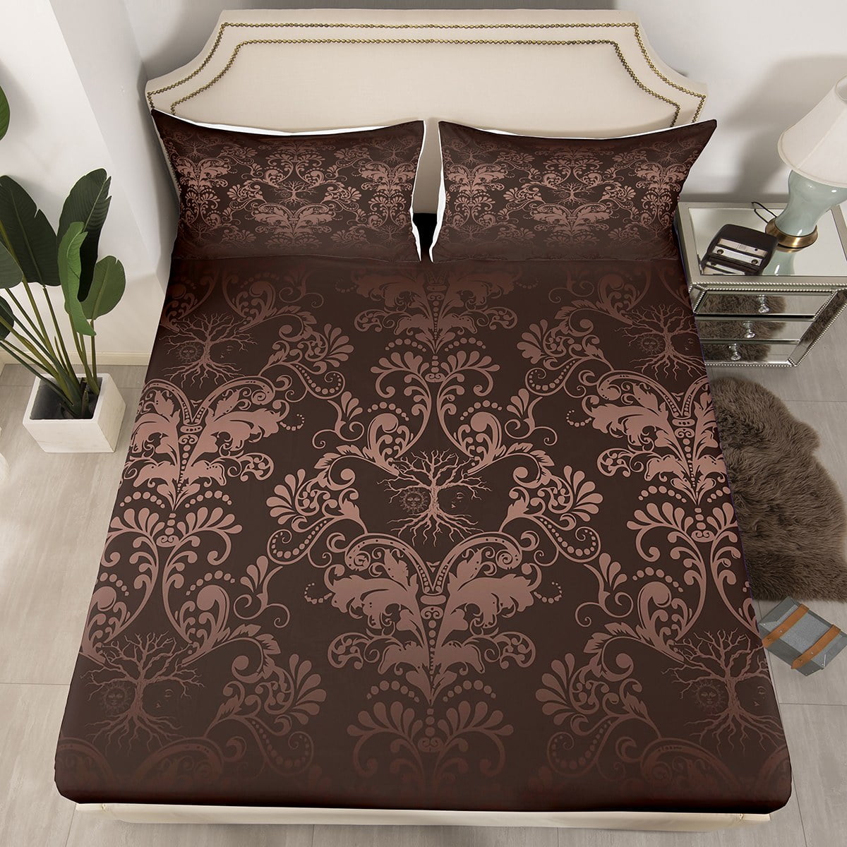 Adults Damask Gothic Bed Sheets Antique Victorian Fitted Sheet Queen,Vintage Floral Goth Sheets ...