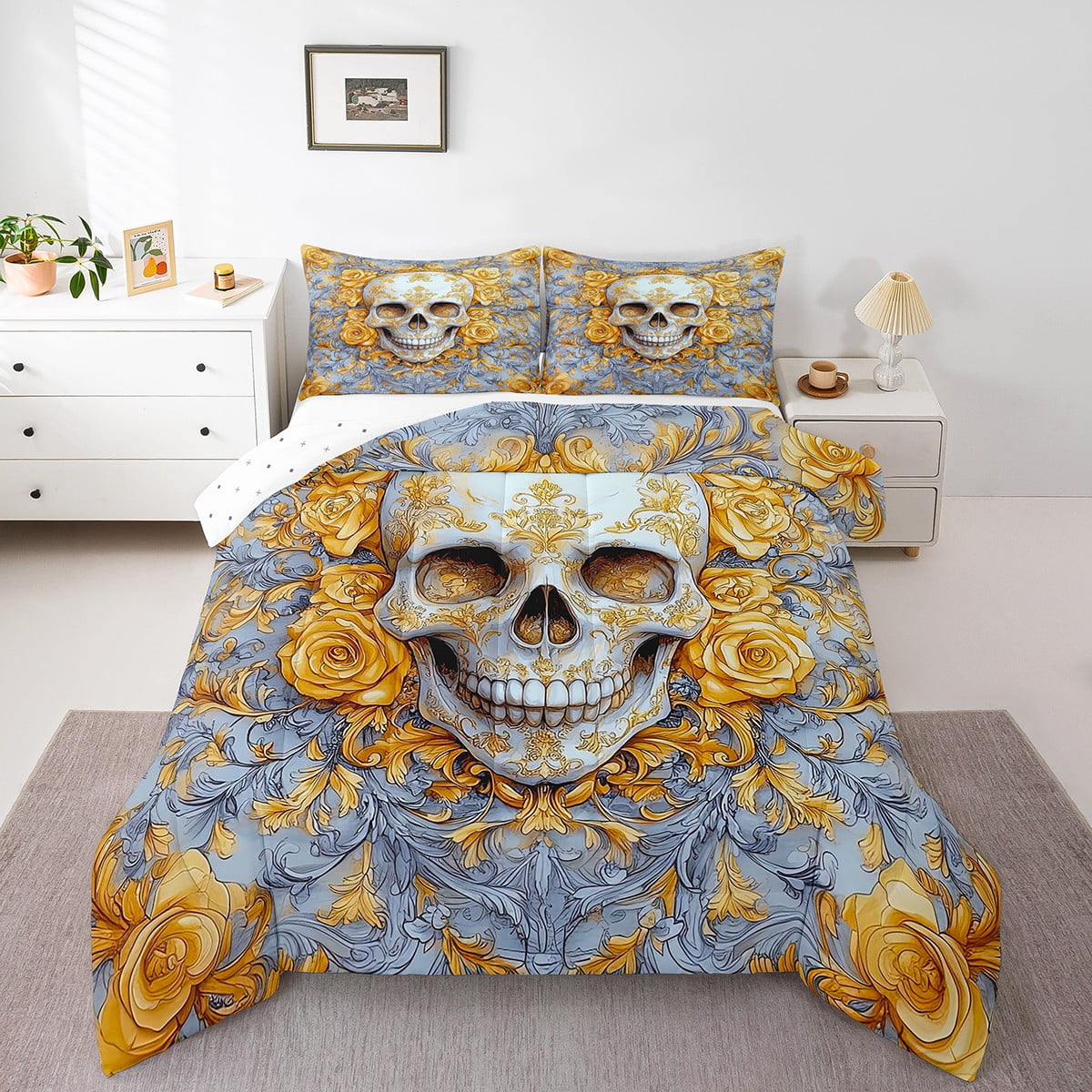 Adults Golden Damask King Comforter Set Vintage Damask Floral Bedding ...