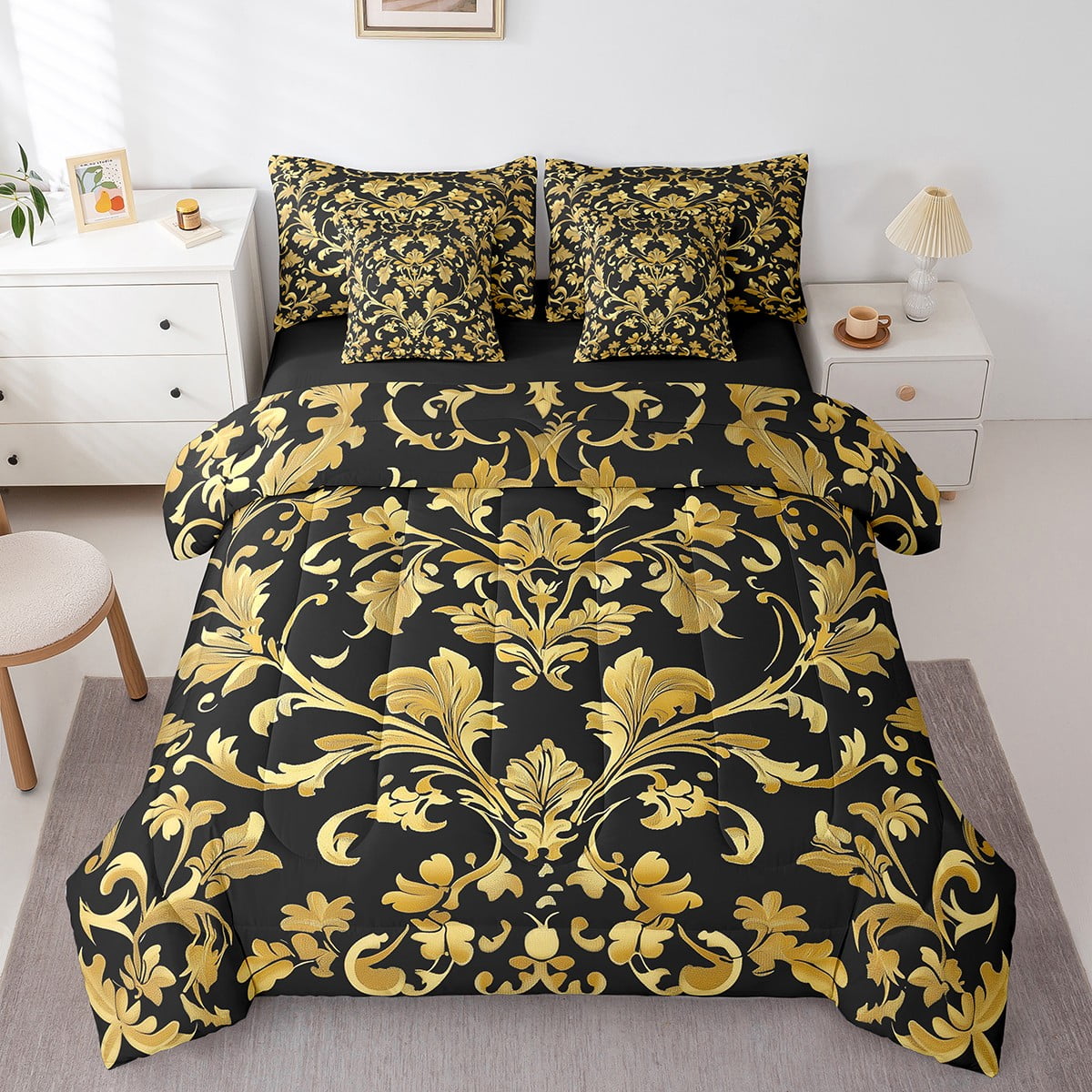 Adults Gothic Bed in a Bag Twin Size Golden Damask Comforter Set with ...