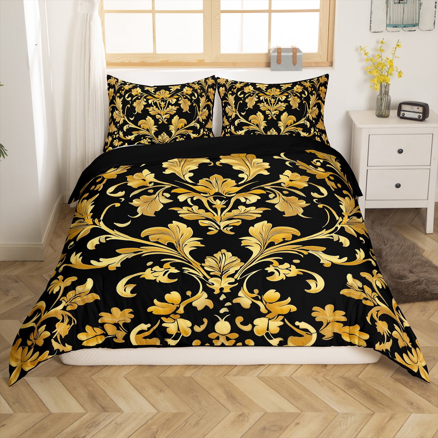 Adults Gothic Bedding Sets Twin Size Golden Damask Duvet Cover Victorian Baroque Comforter Cover ...