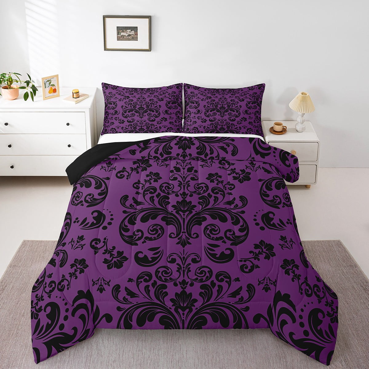 Adults Gothic Damask Comforter Set Queen Black Purple Victorian Baroque ...