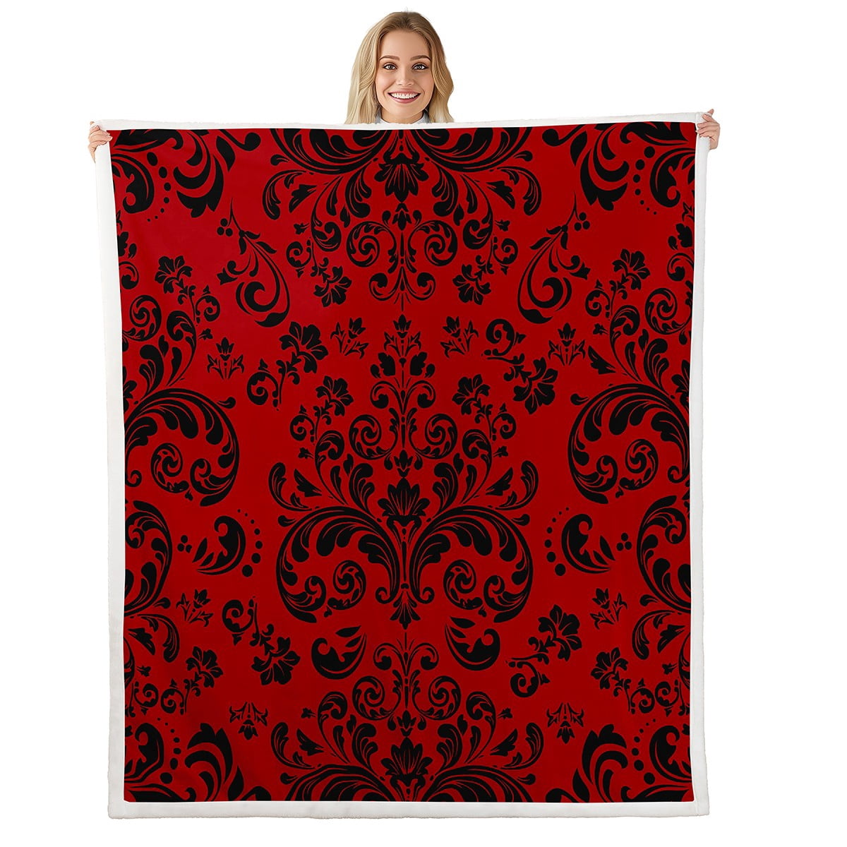 Adults Gothic Damask Fleece Bed Blanket Black Red Victorian Baroque ...