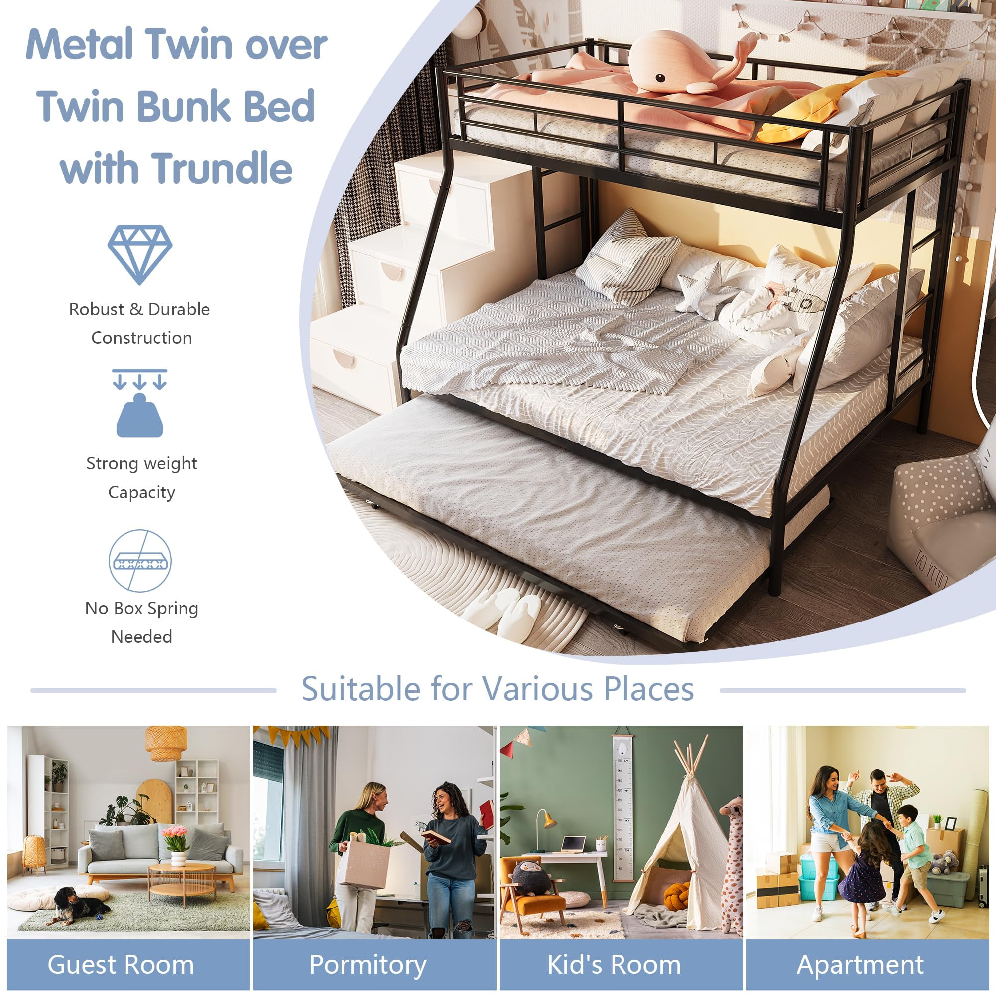 Adults Loft Bed Twin Over Full, Dual Entry Ladders, Safety Railings ...