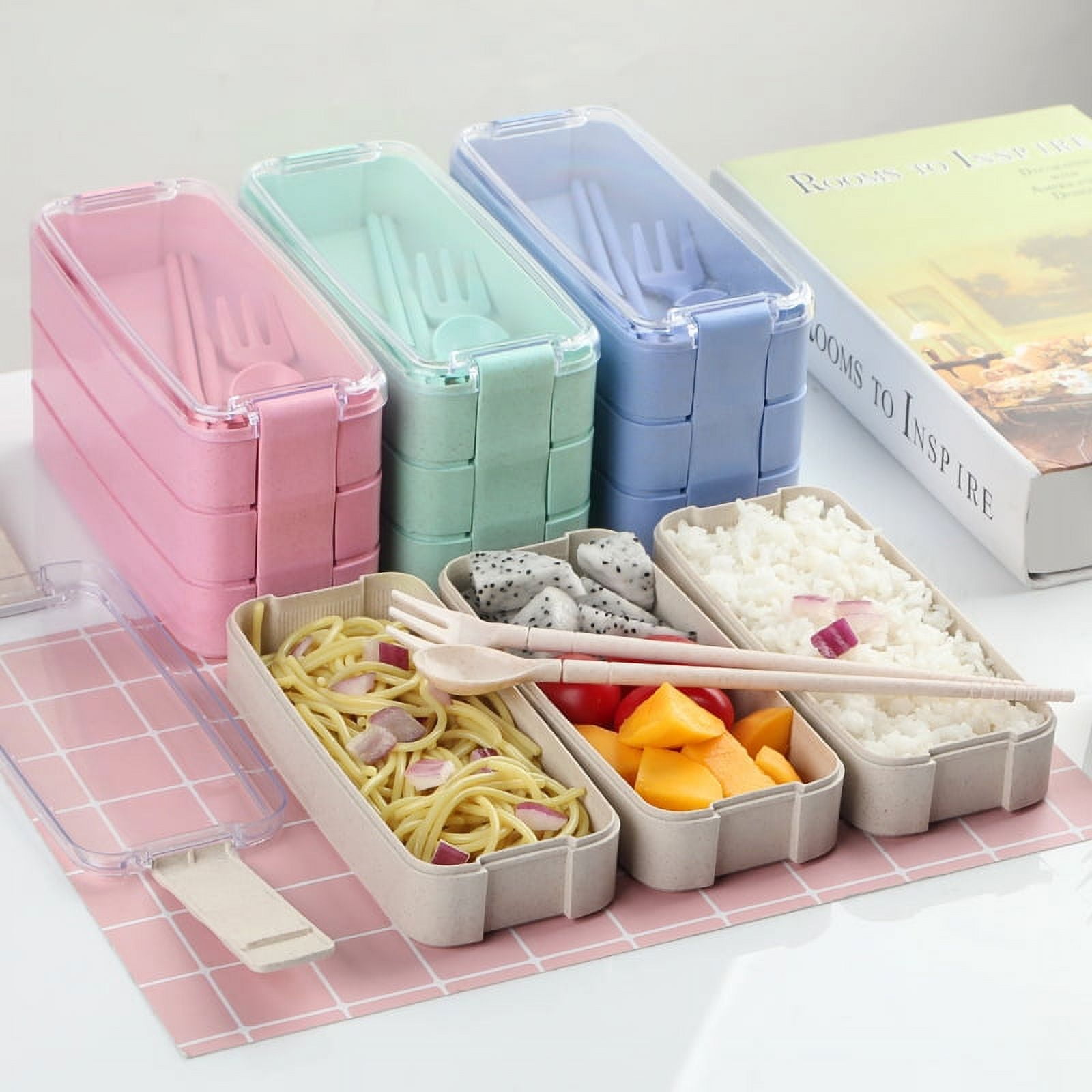Adults Lunch Box Stackable, 3-In-1 Compartment - Wheat Straw, Leakproof ...