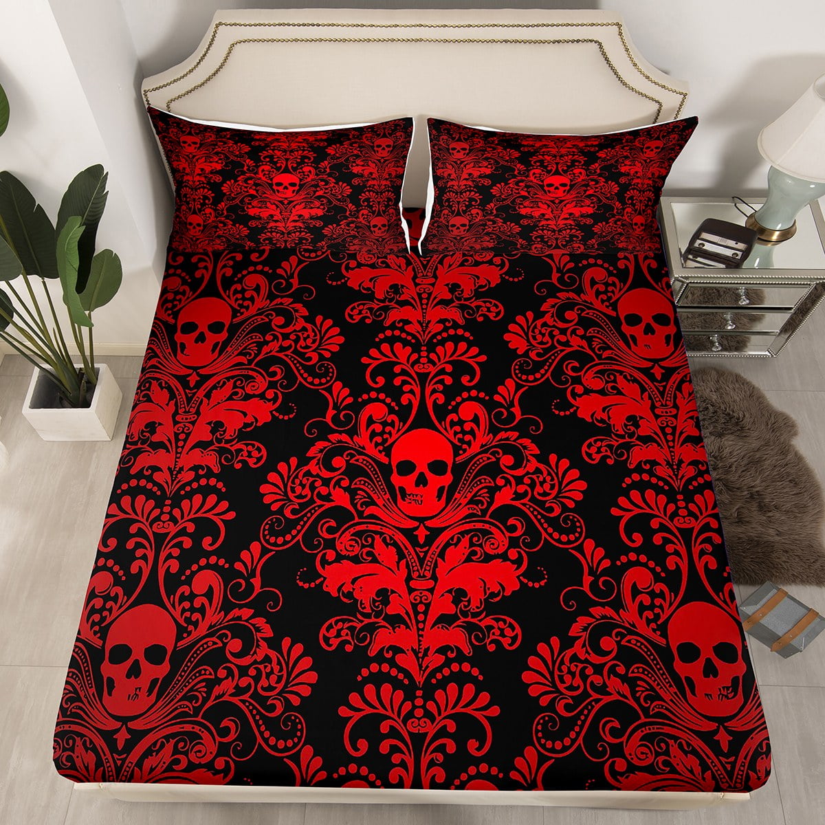Adults Red Damask Bed Sheets Antique Victorian Baroque Fitted Sheet ...