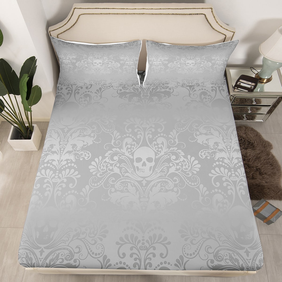 Adults Silver Damask Bed Sheets Antique Victorian Baroque Fitted Sheet ...