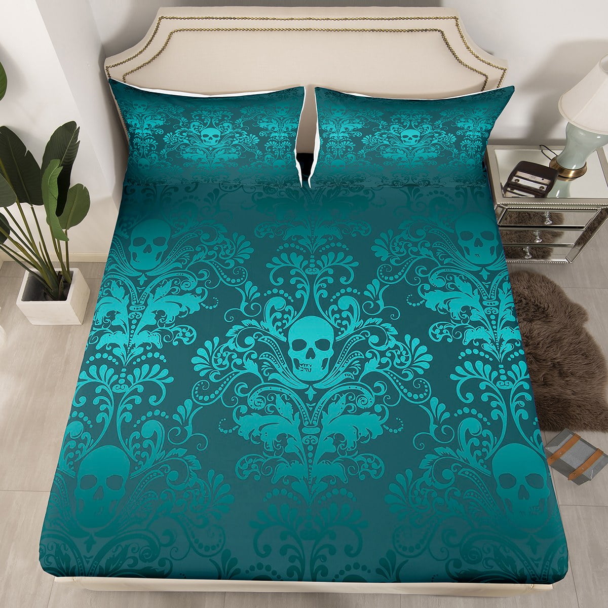 Adults Turquoise Damask Bed Sheets Antique Victorian Baroque Fitted ...