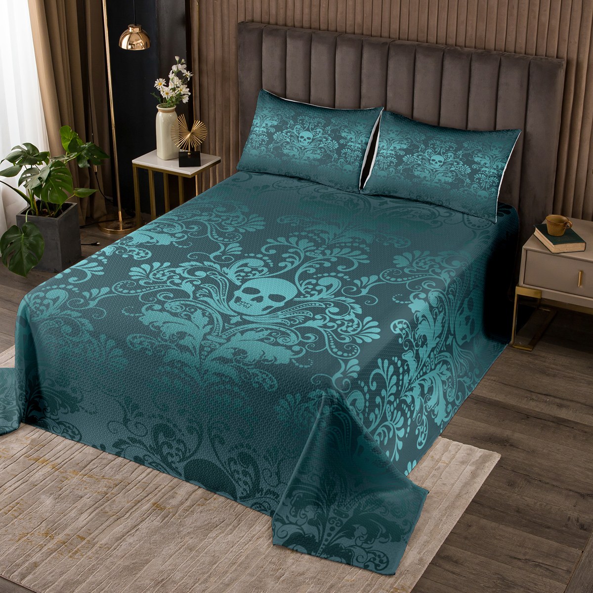 Adults Turquoise Damask Bedspread Set Antique Victorian Baroque Quilt ...