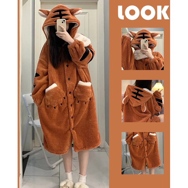 Adults Winter Coral Velvet Hooded Cartoon Robe Womens Flannel Dressing ...