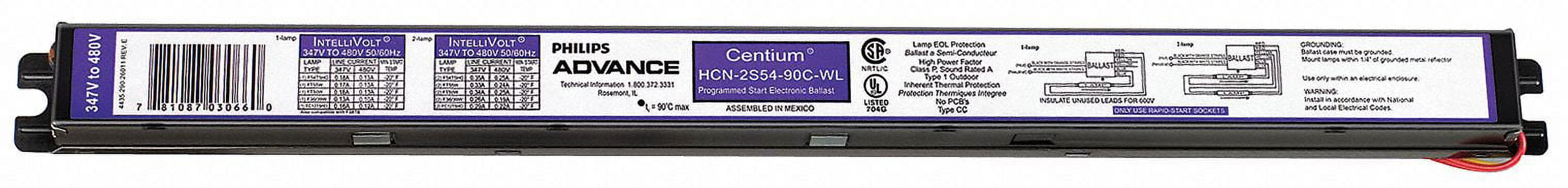 Advance HCN-2S54-90C-WL Fluorescent Ballast, 2-Lamp, 54W, T5 F54T5/HO ...