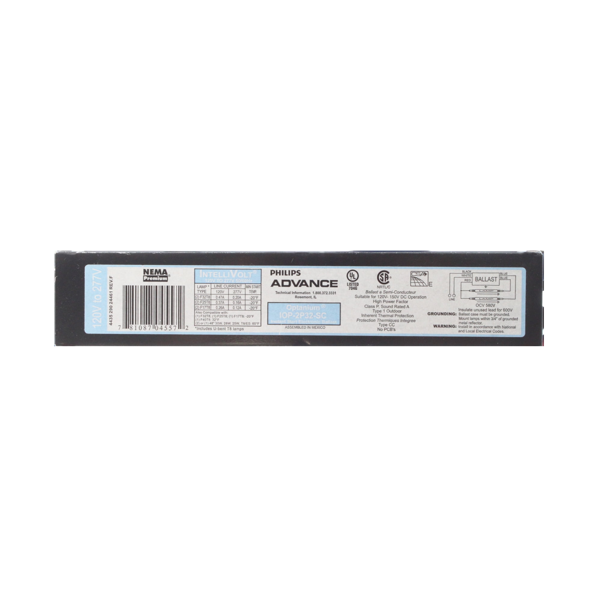 Advance IOP-2P32-SC Optanium Ballast, 2-Lamp, F32T8, 32W T8, 120/277V ...