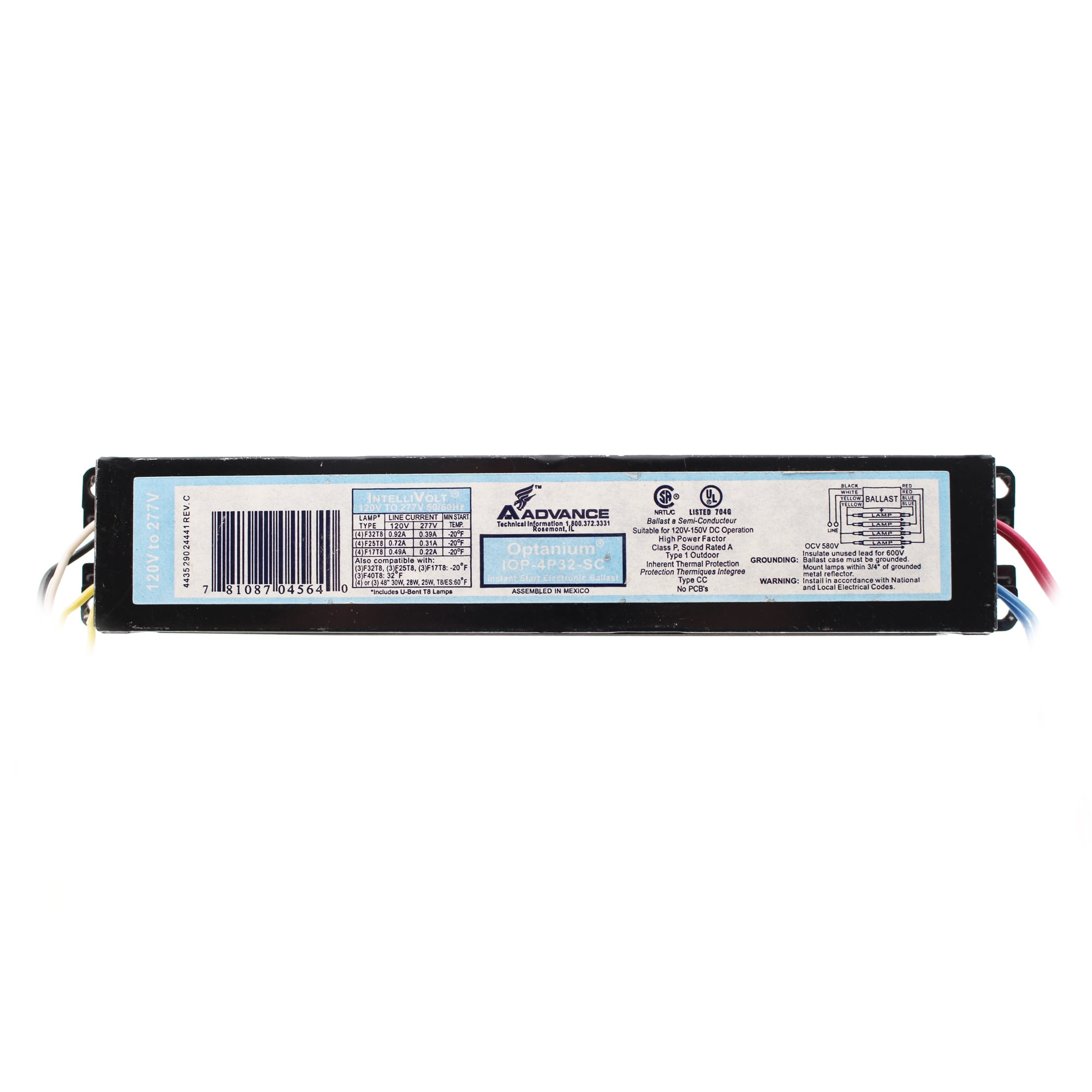 Advance IOP-4P32-SC Optanium Ballast, 4-Lamp, F32T8, 32W T8, 120/277V ...