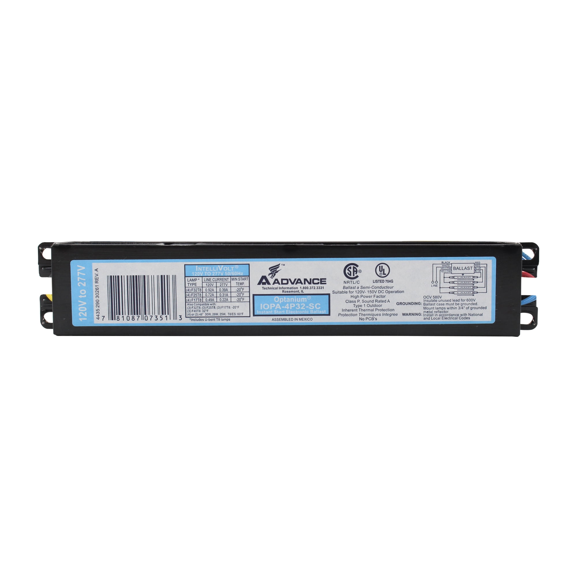 Advance IOPA-4P32-SC Fluorescent Ballast, 4-Lamp, F32T8, 32W T8, 120 ...