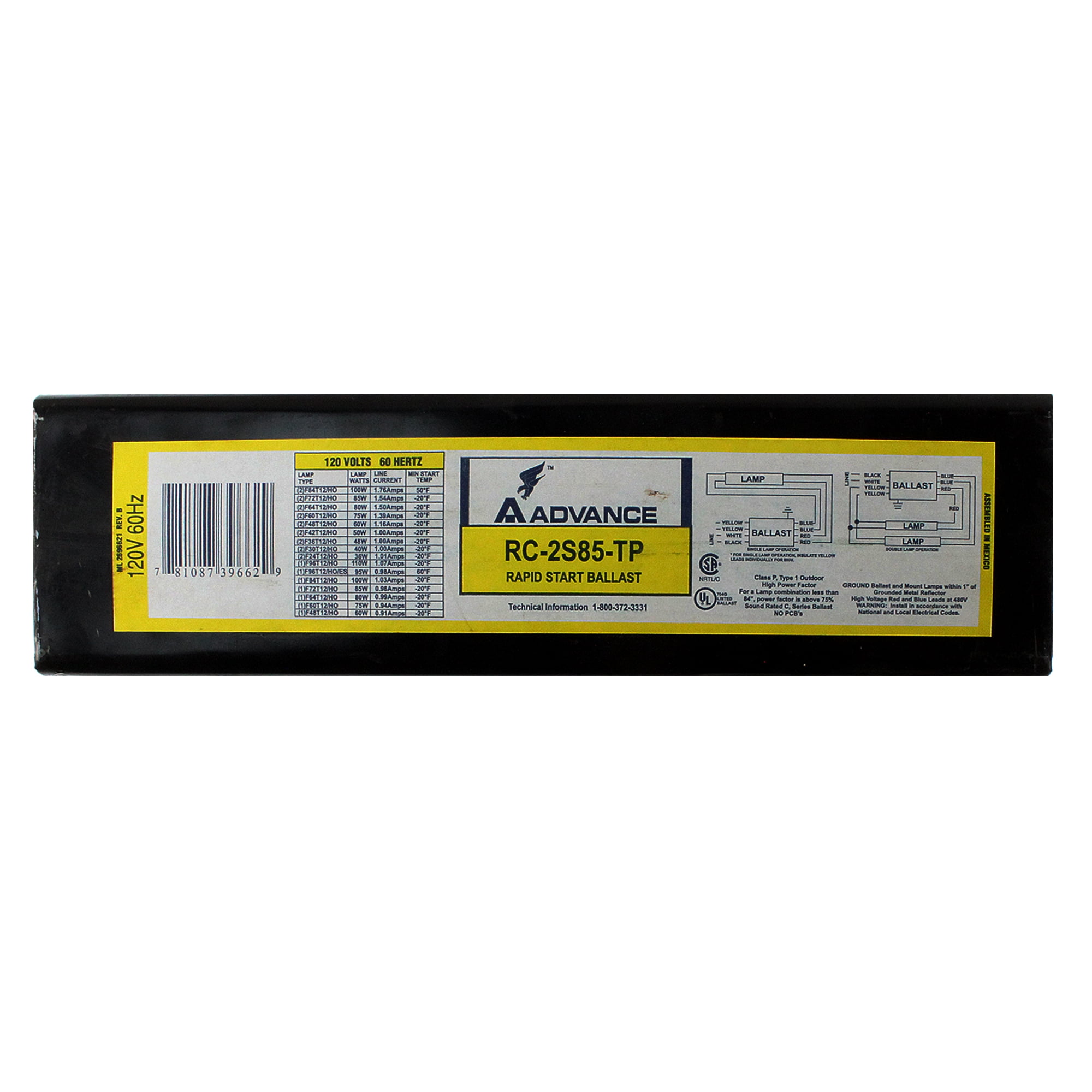 Advance RC-2S85-TP Rapid Start Fluorescent Ballast, 2 Lamp, 84W T12HO ...