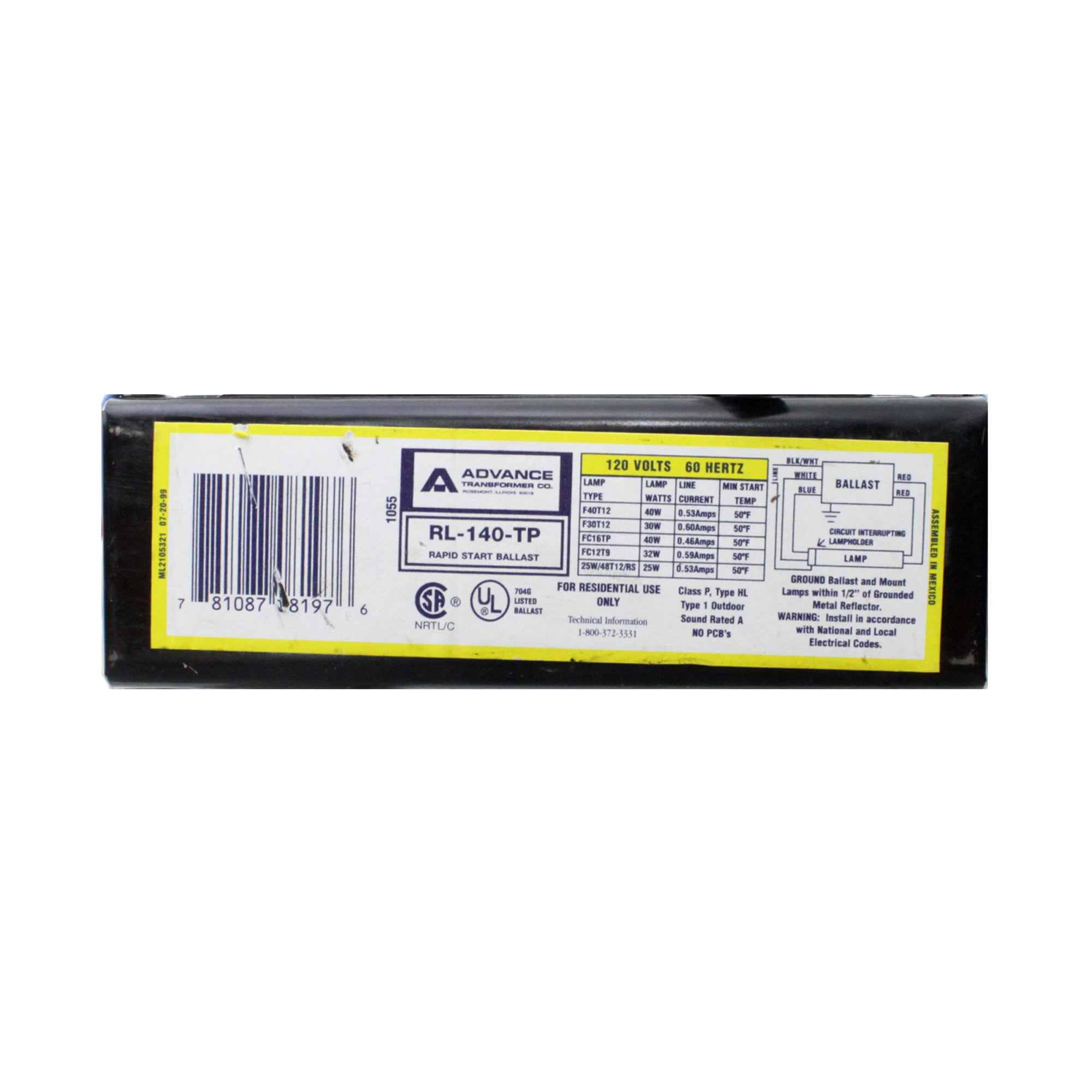 Advance RL-140-TP Outdoor Fluorescent Ballast, 1-Lamp, F40T12, 40W T12 ...