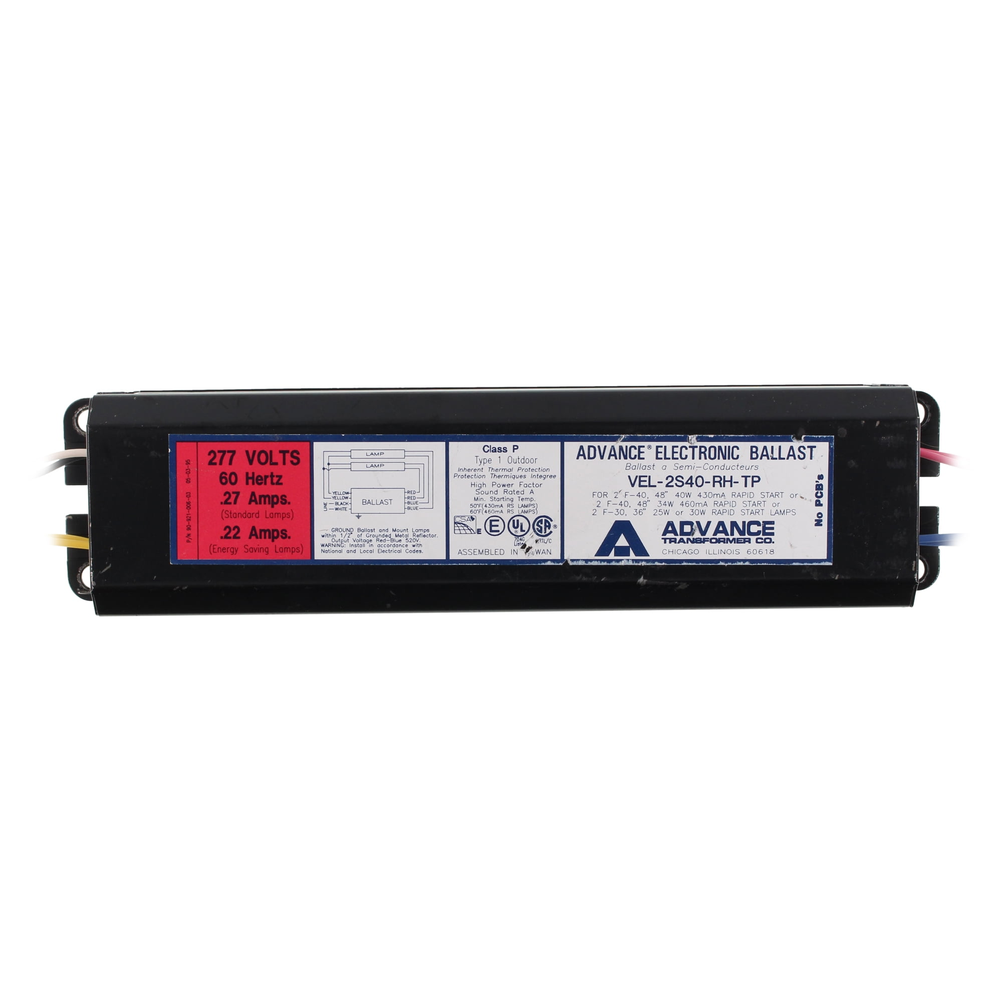 Advance VEL-2S40-RH-TP Rapid-Start Electronic Ballast, 2-Lamp, F40/F30 ...
