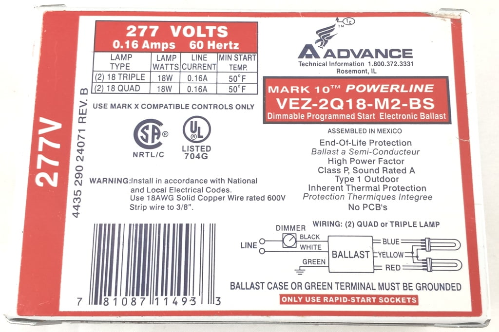 Advance VEZ-2Q18-M2-BS Fluorescent Dimming Ballast, 2-Lamp, CFL Triple ...