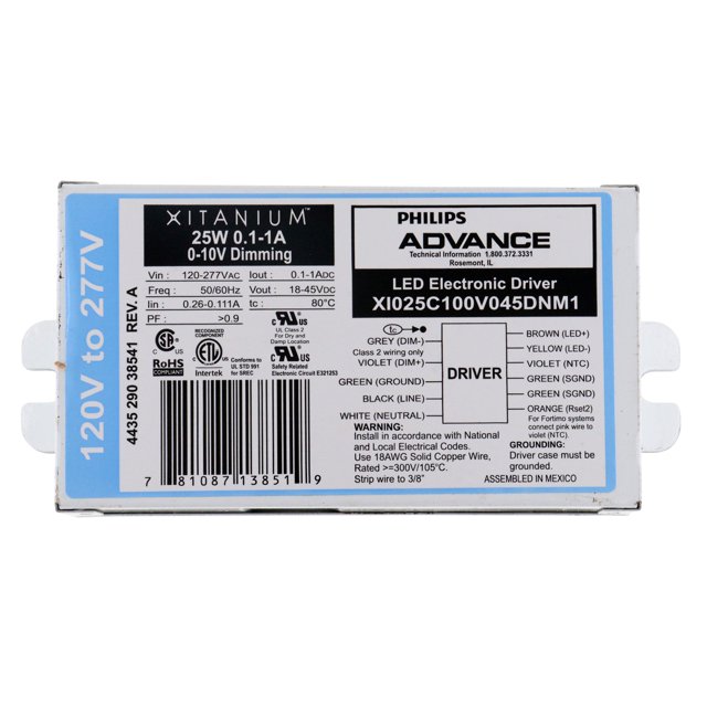Advance XI025C100V045DNM1 Xitanium 0-10V Dimmable LED Driver, 18-45Vdc, 25W, 120-277VAC ...