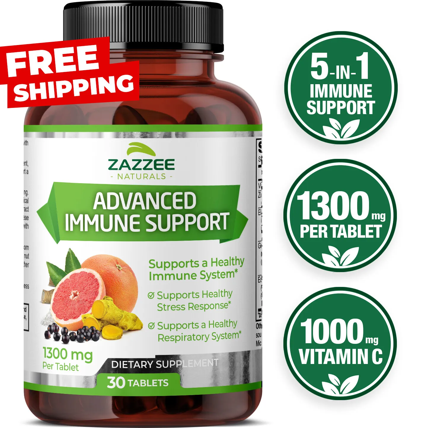 Advanced Immune Support, 1300 mg per Tablet, 30 Day Supply, Potent 5-in ...