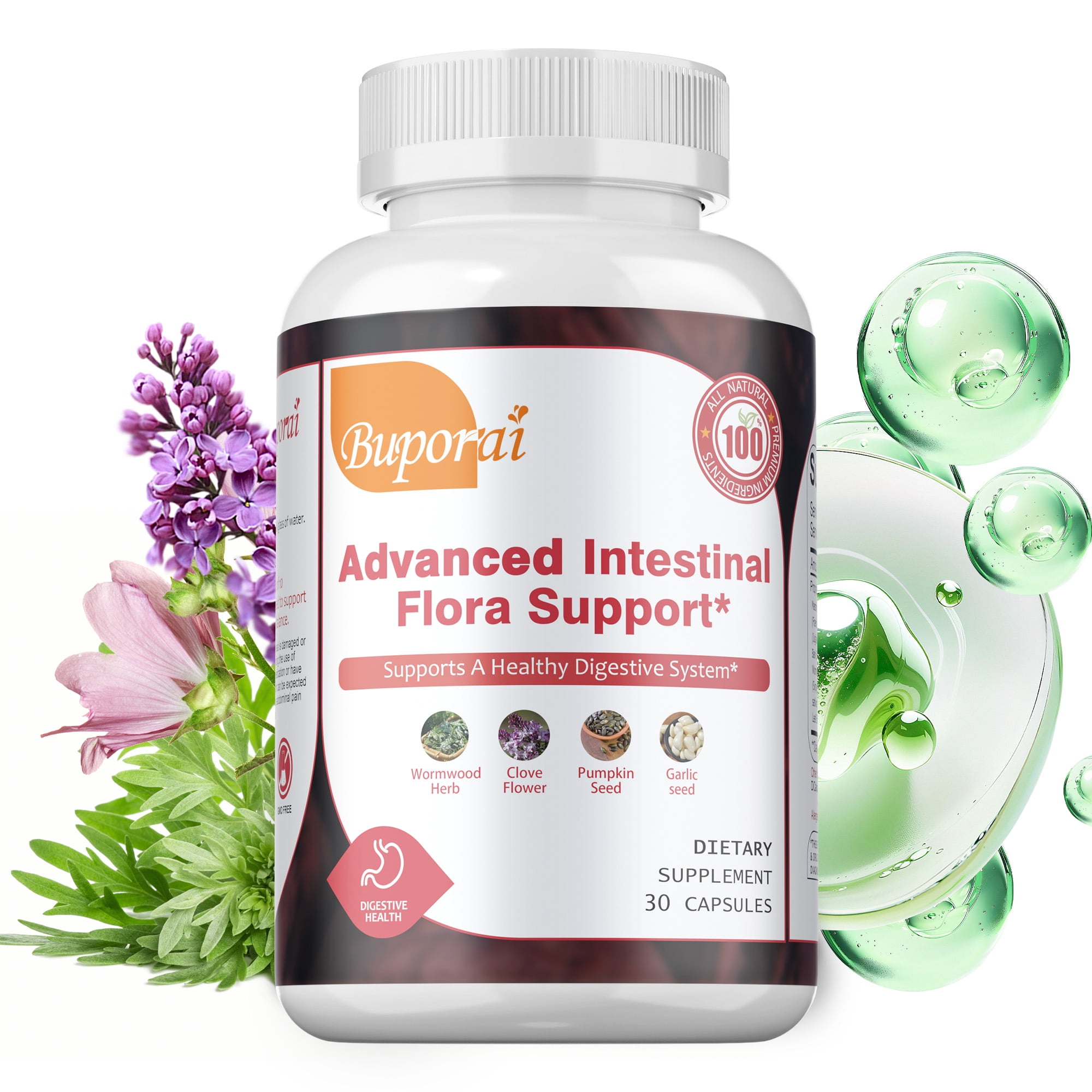 Advanced Intestinal Flora Support - Wormwood, Garlic, Pumpkin Seeds ...