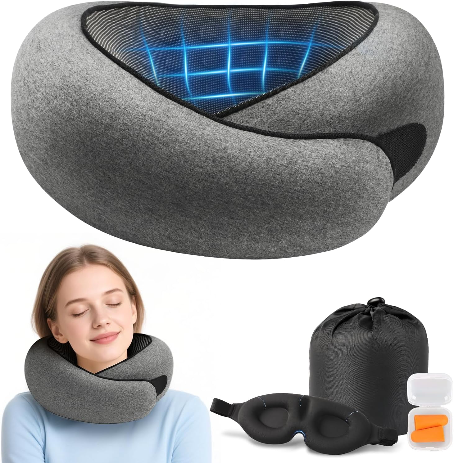 DQAdvanced Memory Foam Neck Travel Pillow, Neck Pillow Airplane with ...