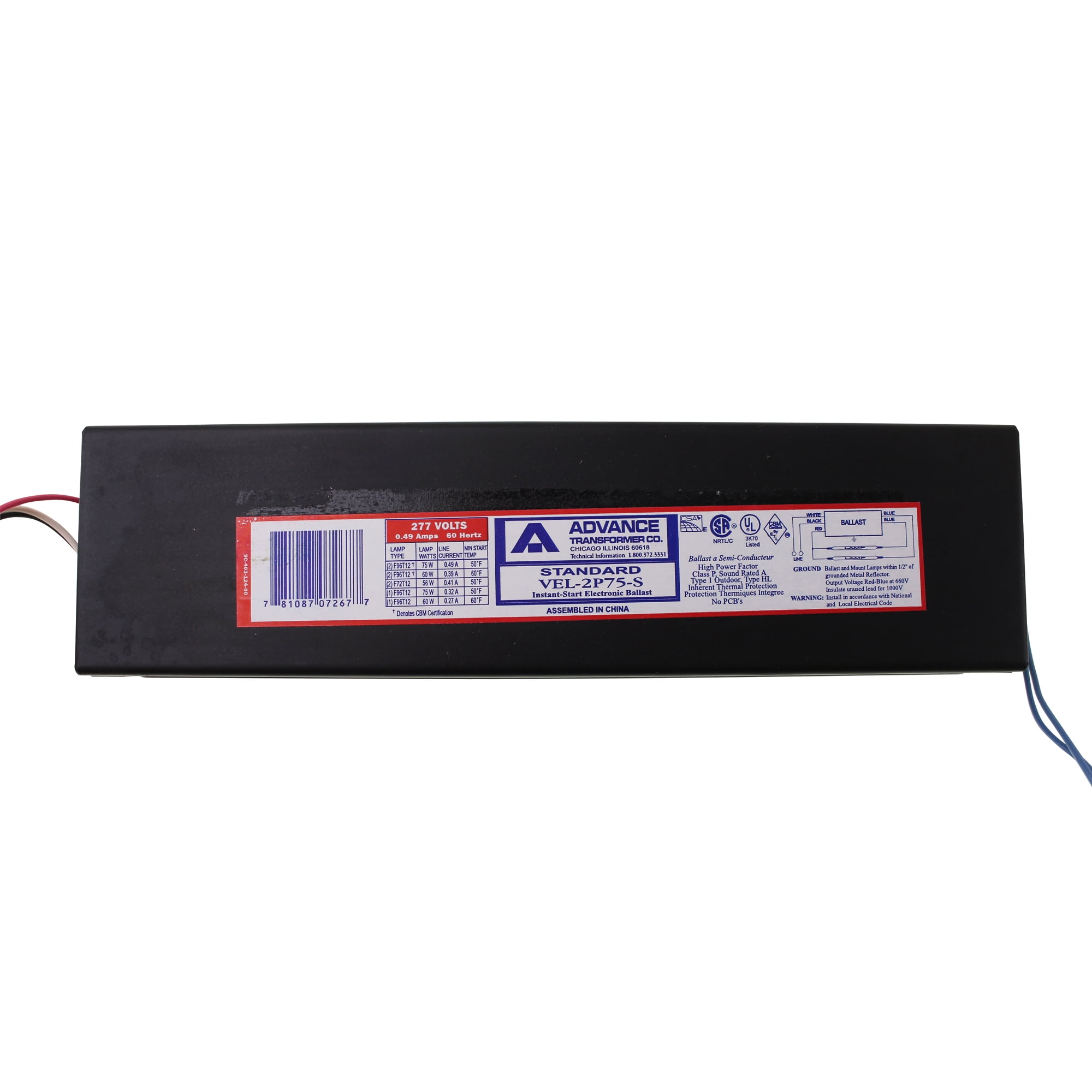 Advanced VEL-2P75-S Electronic Fluorescent Ballast, 2 Lamp, F96 T12 ...