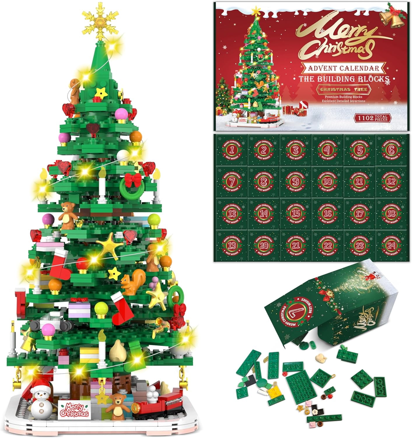 Advent Calendar 2024 Christmas Tree Building Toy Set with LED light ...