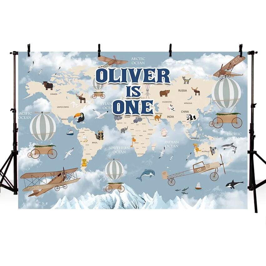Adventure Airplane Photography Background Baby Shower Map Hot Balloon ...