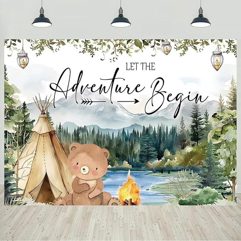 Adventure Awaits Baby Shower Backdrop Forest Mountains Woodland Bear ...