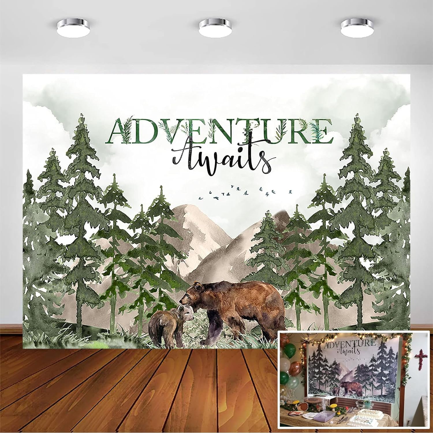 Adventure Awaits Baby Shower Backdrop Mountain Wilderness Woodland Baby ...
