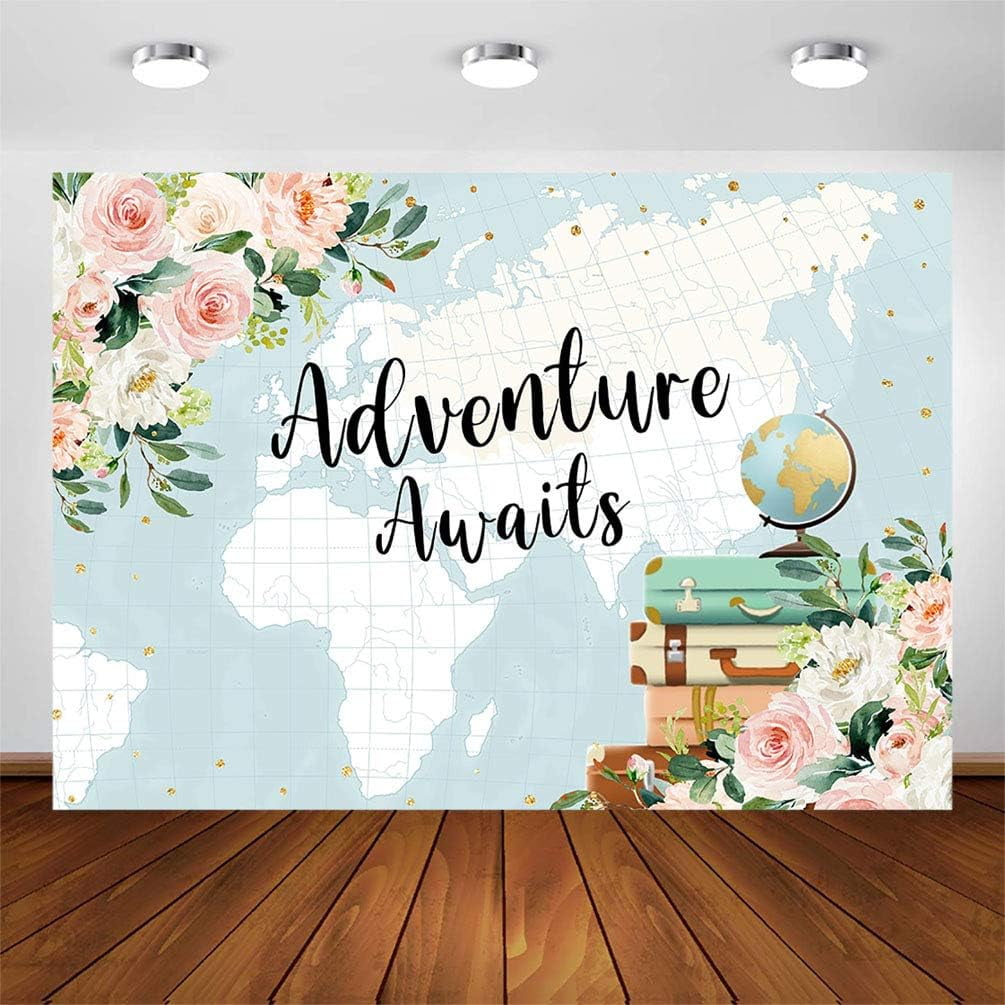 Adventure Awaits Baby Shower Backdrop World Map Flower Travel and ...