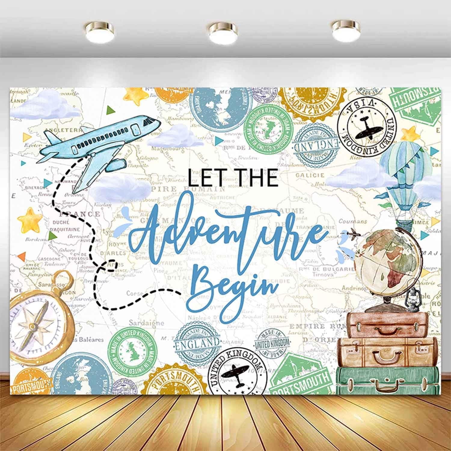 Adventure Awaits Backdrop Airplane Let The Adventure Begin Baby Shower ...