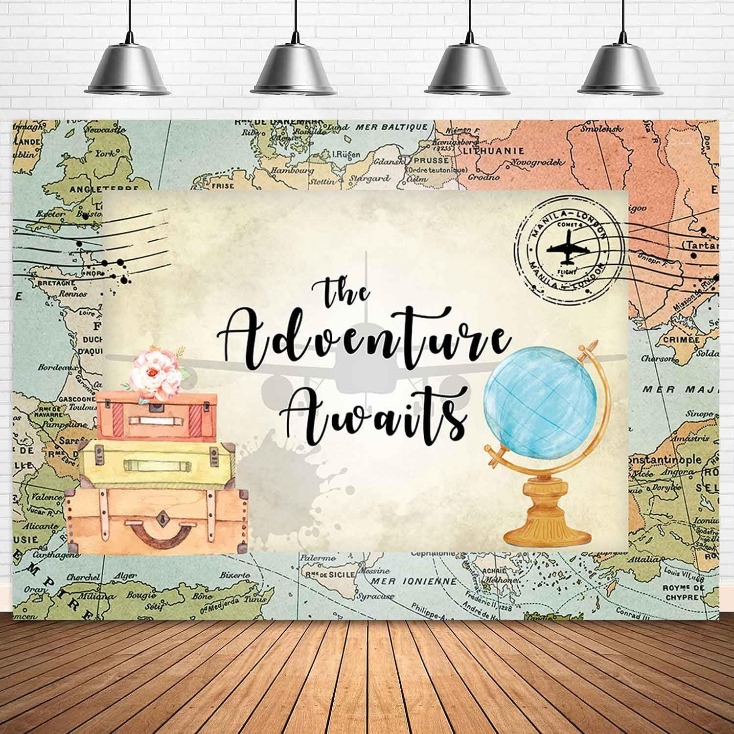 Adventure Awaits Backdrop Travel Themed Baby Shower Decorations Party ...