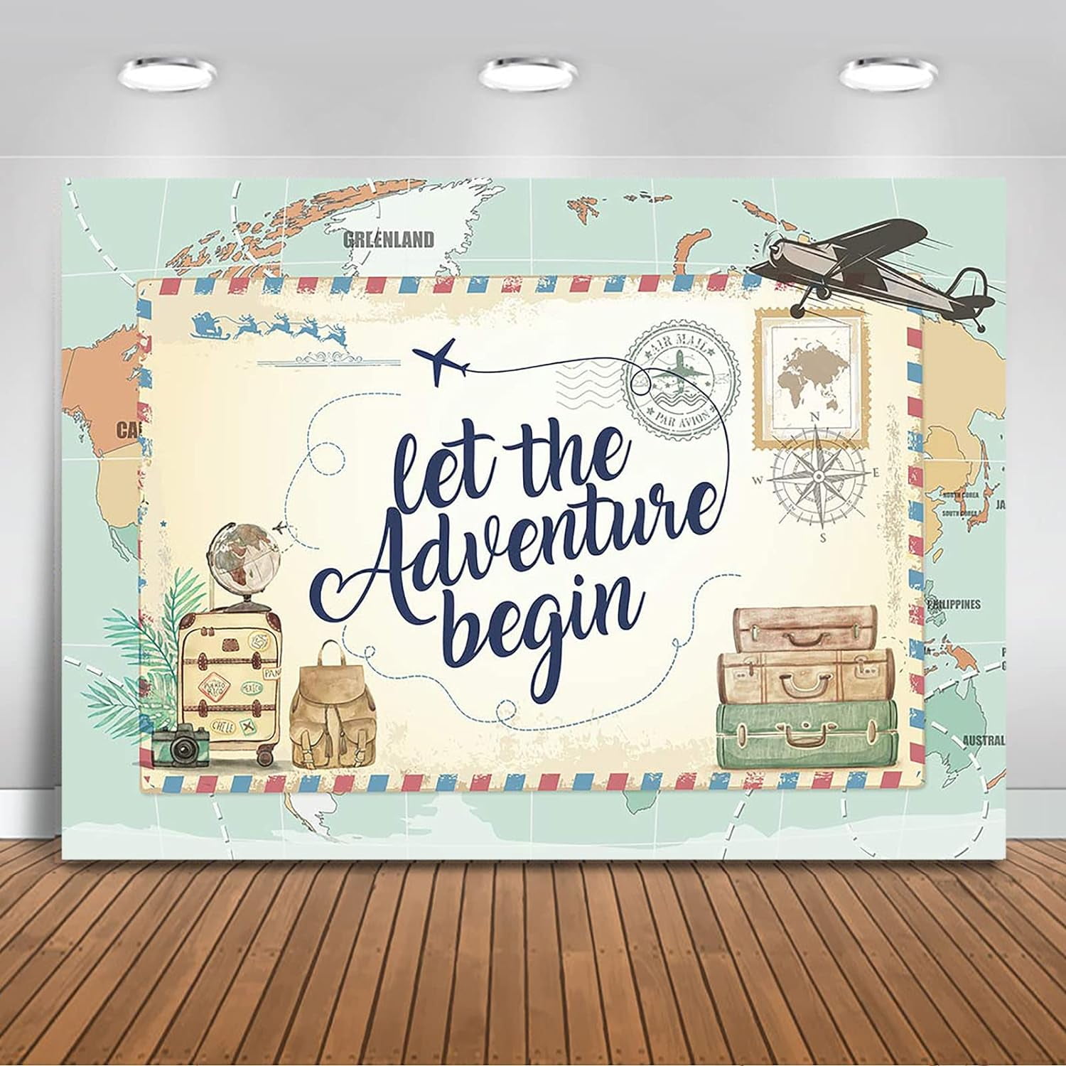 Adventure Awaits Backdrop World Map Let The Adventure Begin Baby Shower ...