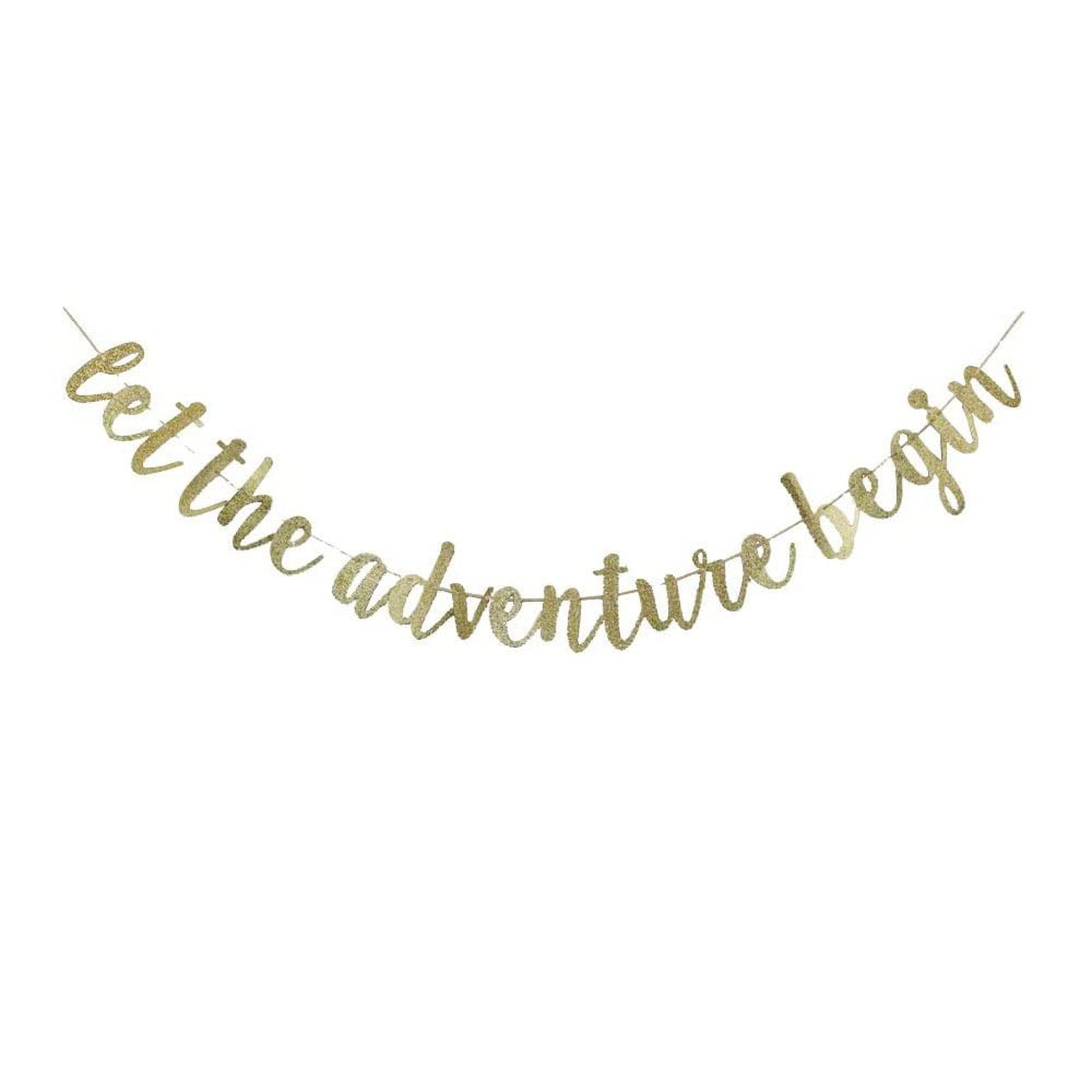 Adventure Awaits Banner - Sparkling Gold Glitter Sign for Celebrations ...