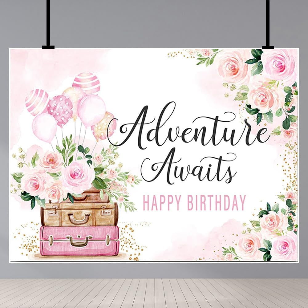 Adventure Awaits Birthday Backdrops Pink Floral Balloons Suitcase ...