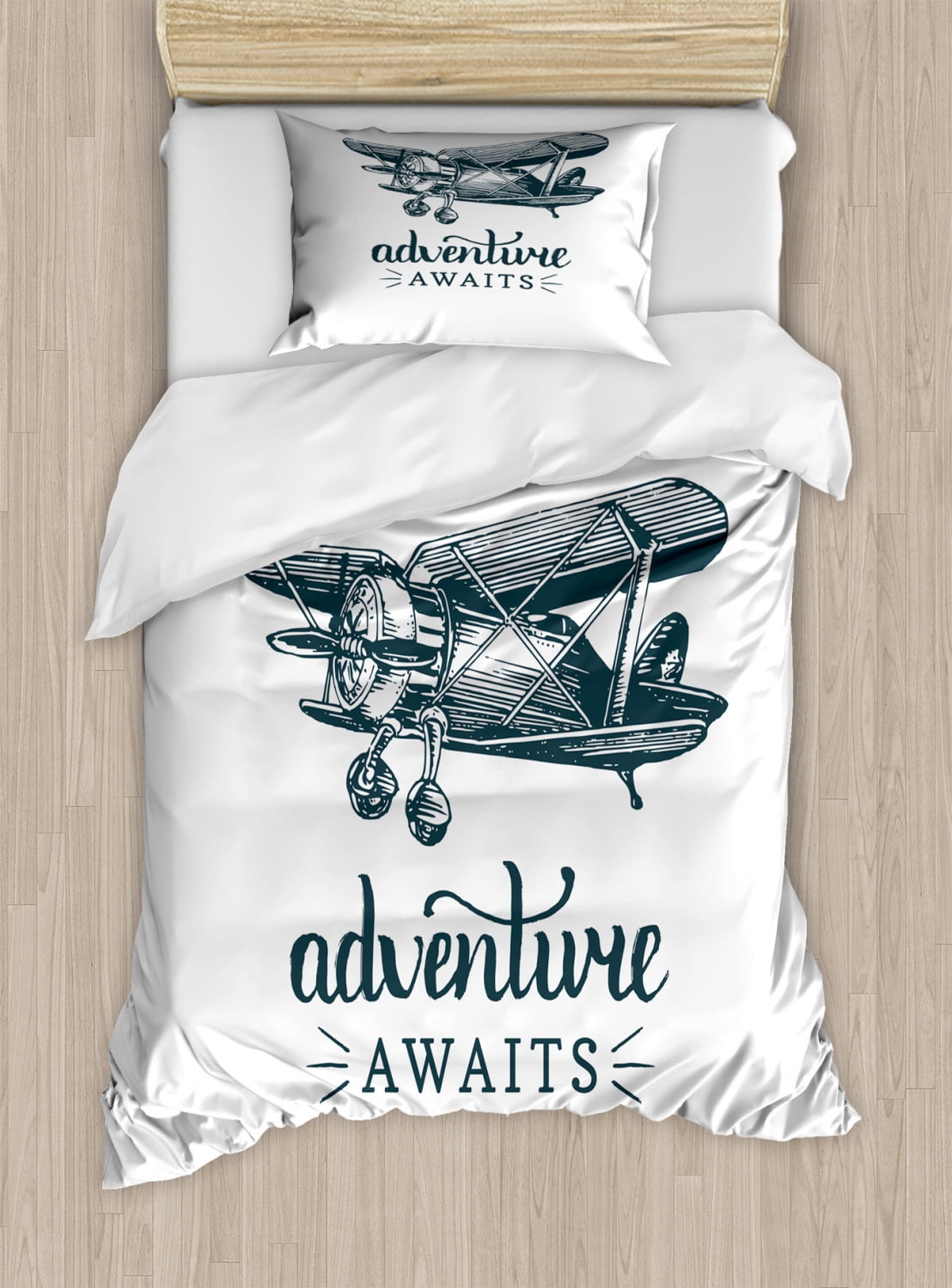 Adventure Awaits Duvet Cover Set Twin Size, Vintage Airplane with ...