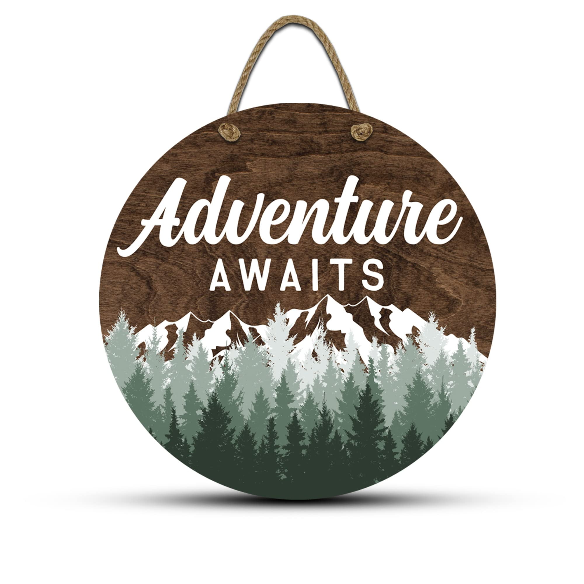 Adventure Awaits Hanging Wall Sign, 12" Wood Round, Green Trees Brown ...