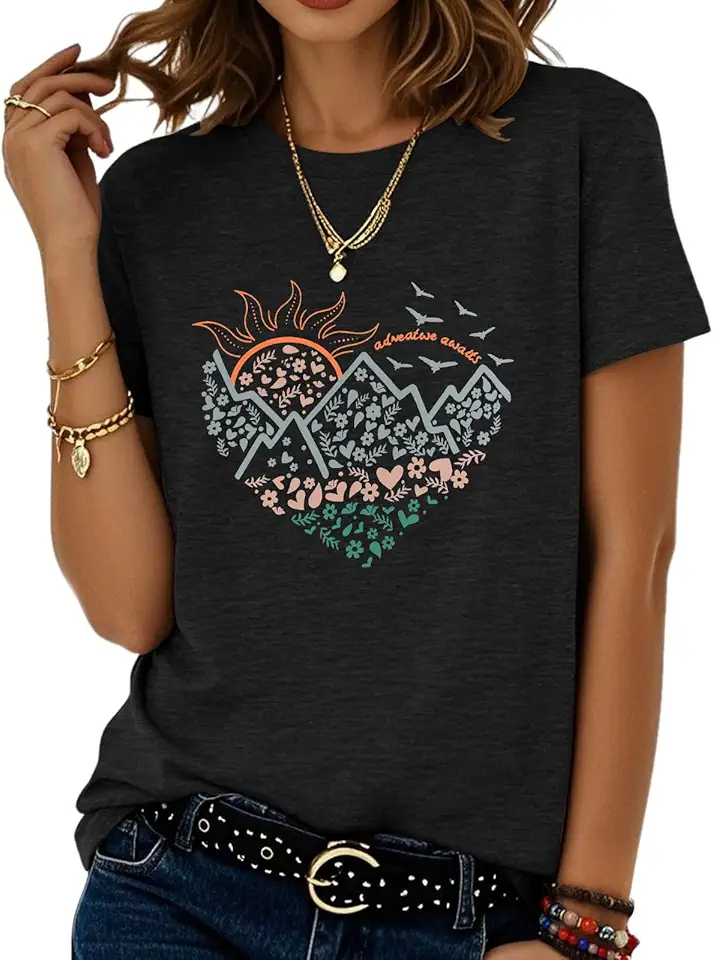 Adventure Awaits Mountains Floral Graphic Women Casual Short Sleeve Tee ...