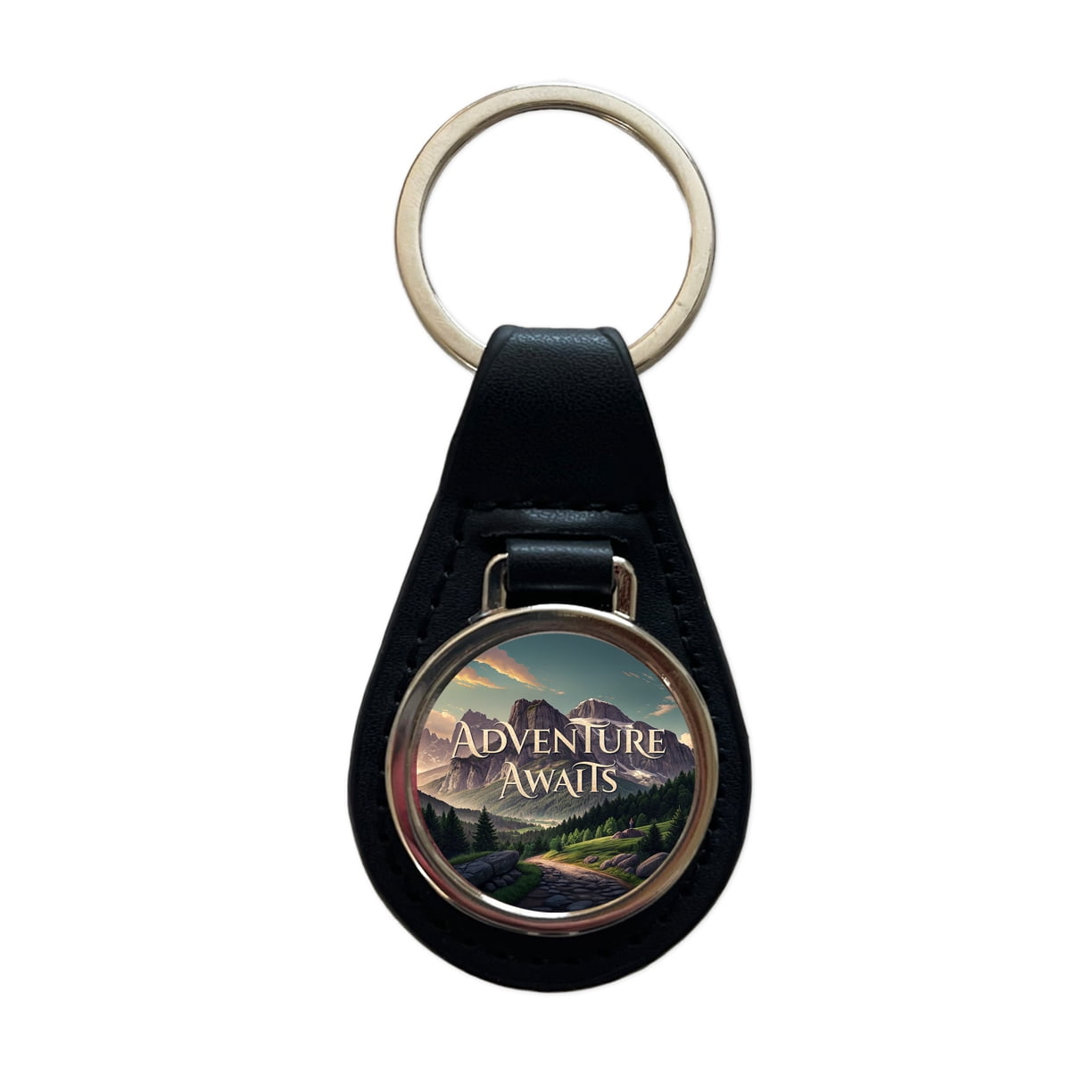 Adventure Awaits Mountains Hiking Camping Metal Black Leather Keychain ...