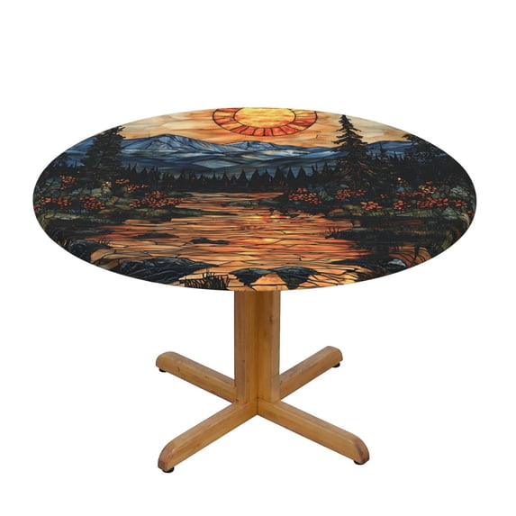 Adventure Awaits Mountains Stained Glass Art Fitted Round Tablecloth ...