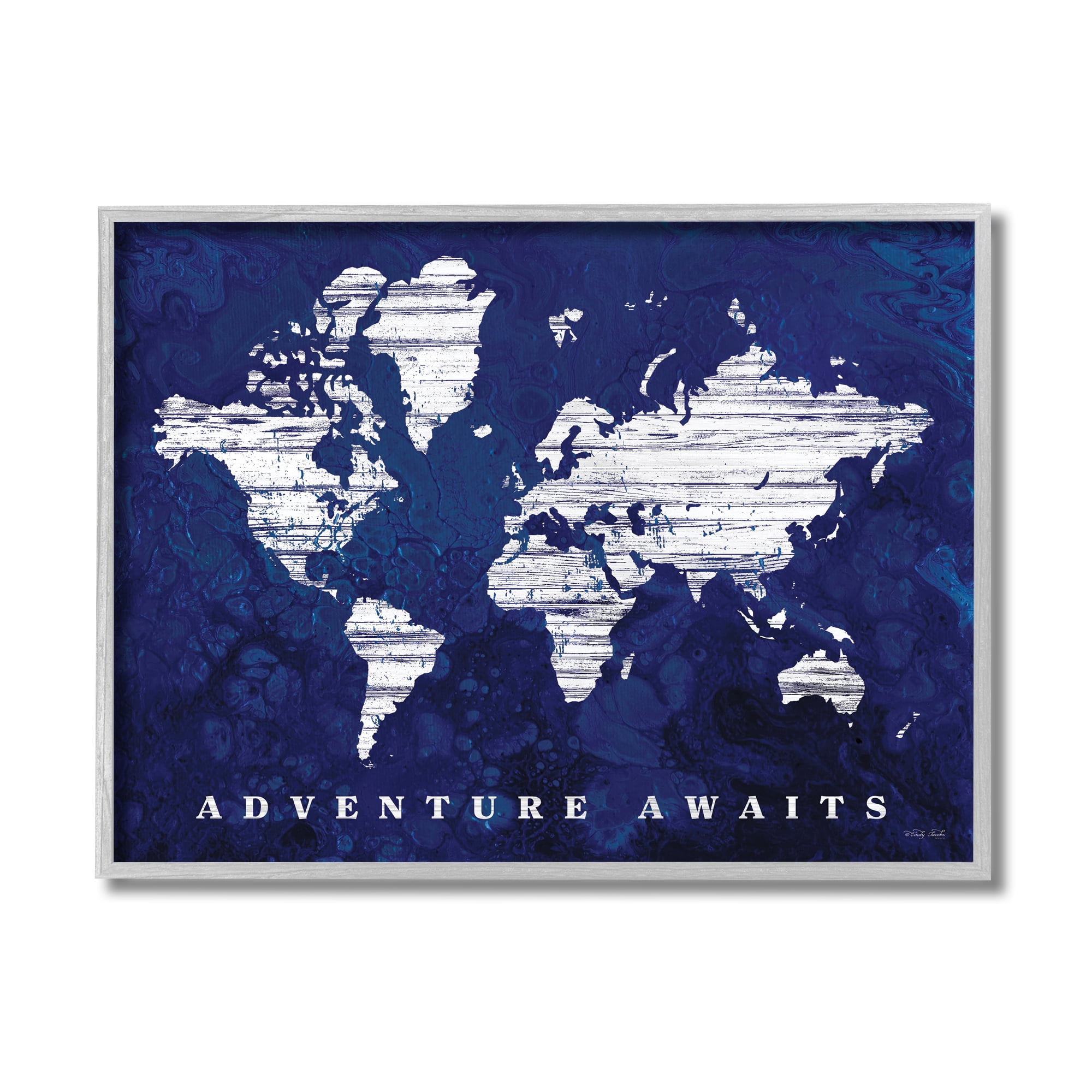 Adventure Awaits Sentiments Navy World Map 20 in x 16 in Framed ...