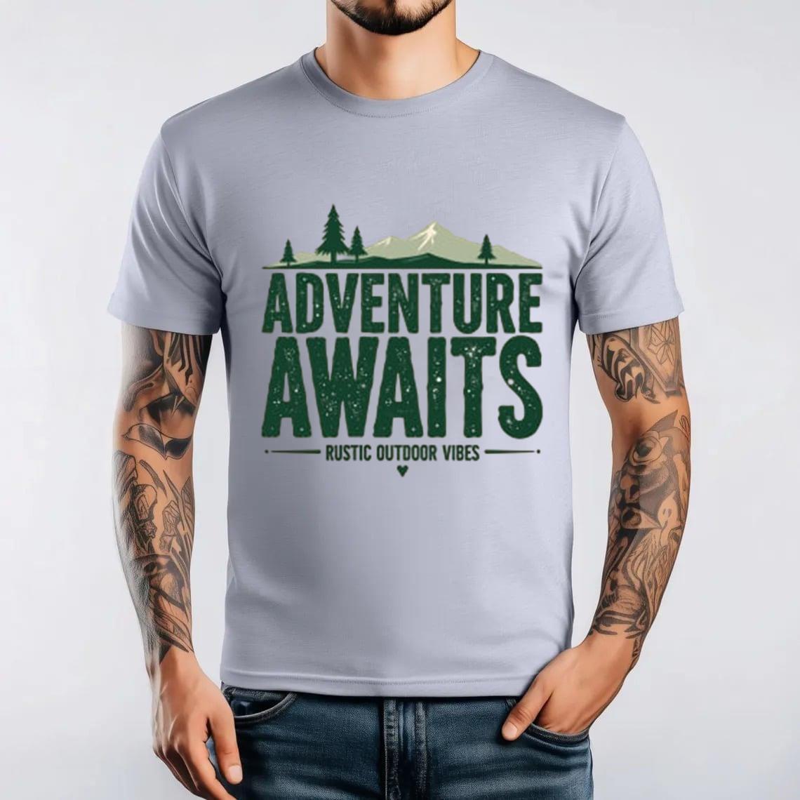 Adventure Awaits Unisex T-shirt with Bold Rustic Outdoor Explorer Theme ...