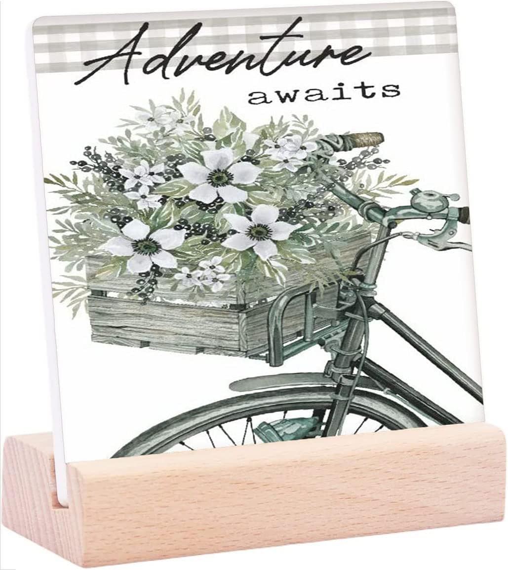 Adventure Awaits With Flower Basket On Bicycle Farmhouse Style Tabletop ...