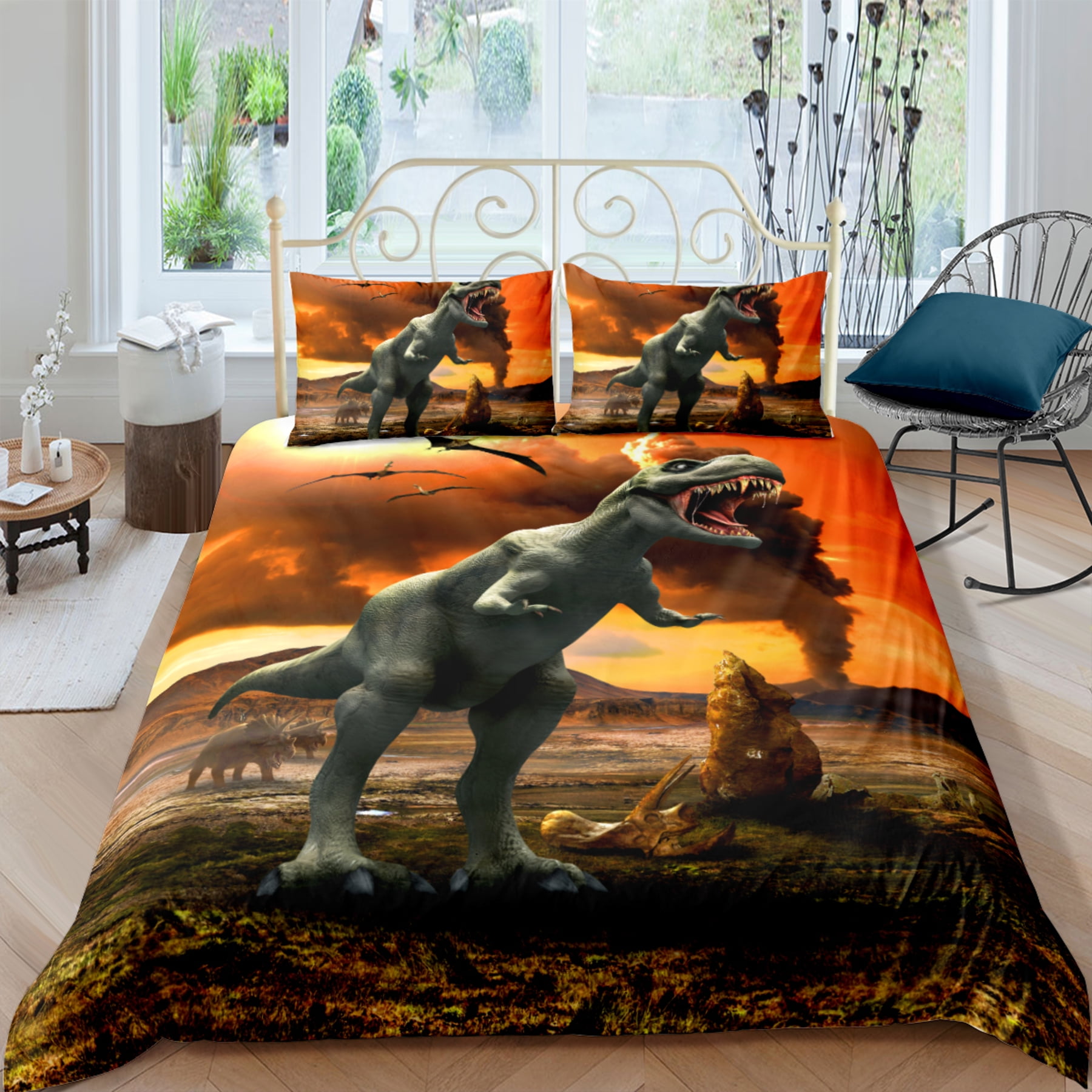 Adventure Bedding Set Prehistoric Design with Sunset Landscape ...