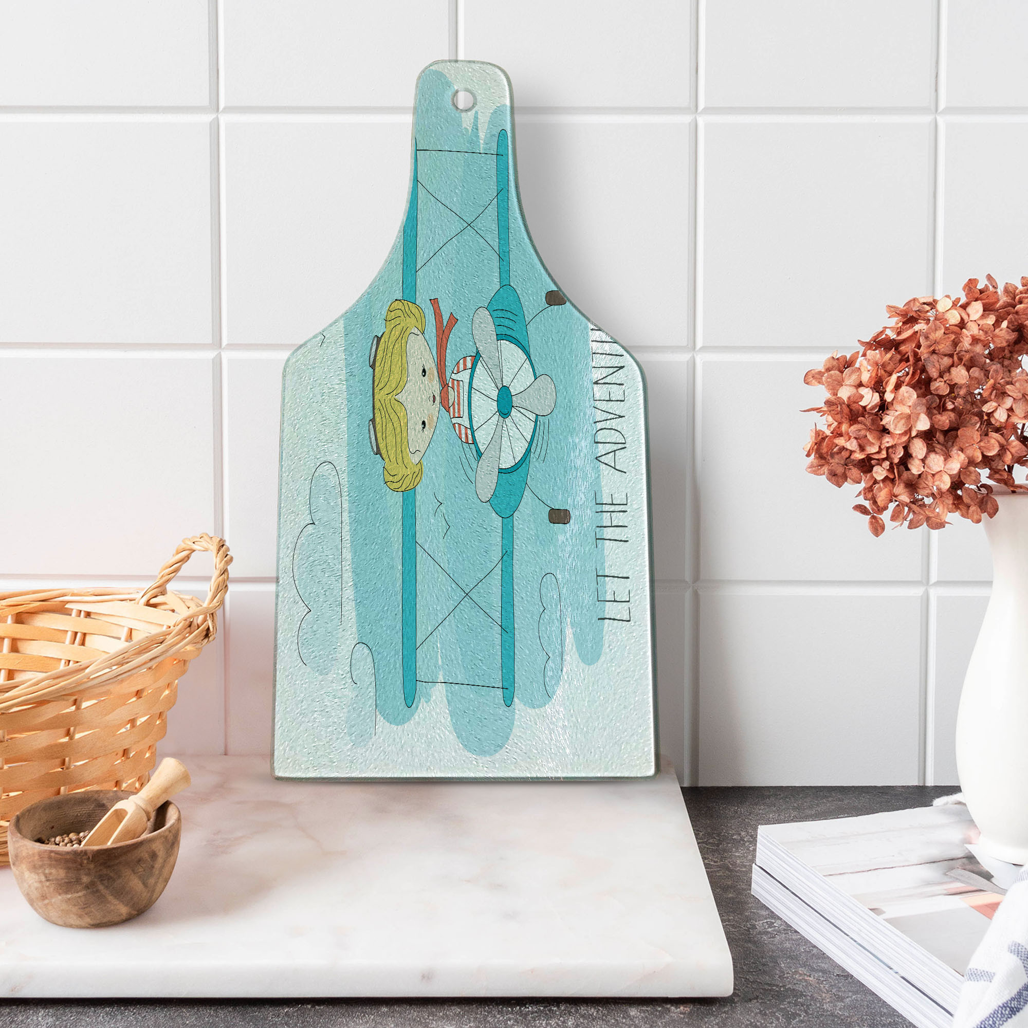 Adventure Cutting Board, Girl Flying a Plane on Sky Cartoon Dream ...