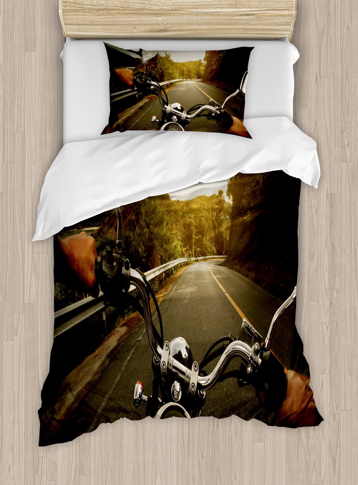 Adventure Duvet Cover Set, Rider Driving a Chopper on Asphalt Road ...