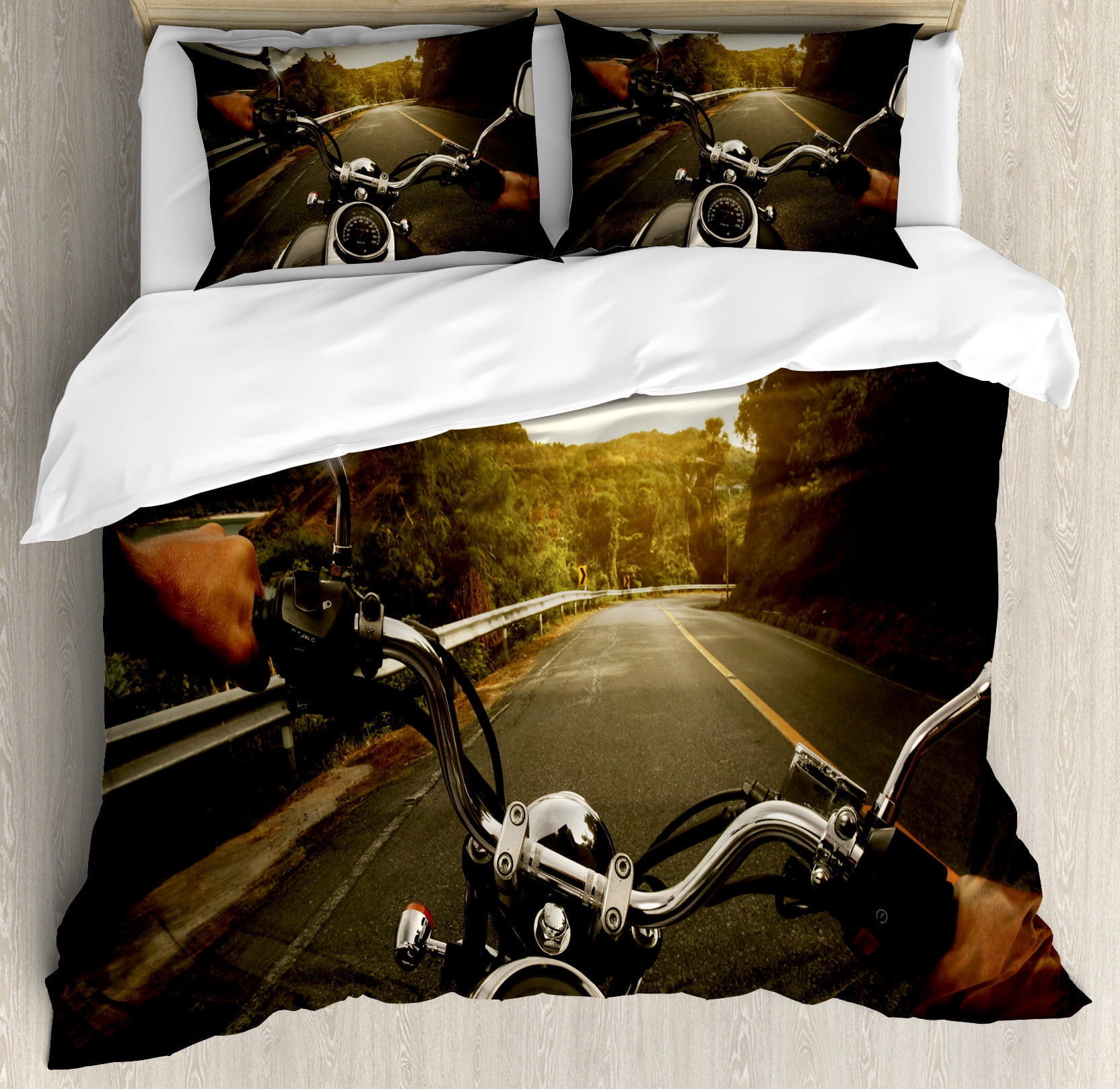 Adventure Duvet Cover Set, Rider Driving a Chopper on Asphalt Road ...