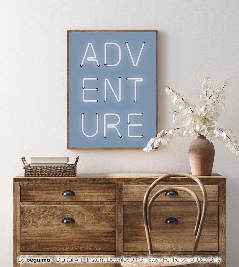 Adventure Prints Travel Wall Art Blue Inspirational Quote Neon Lights ...
