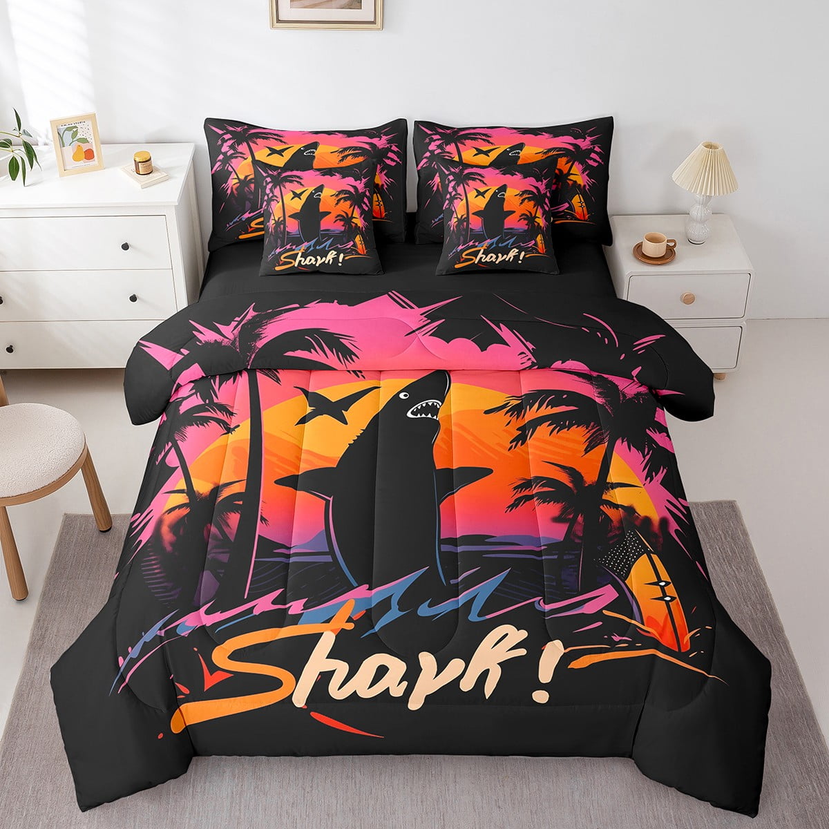 Adventure Shark Bedding Set Twin Size, Seaside Hawaii Retro Beach ...